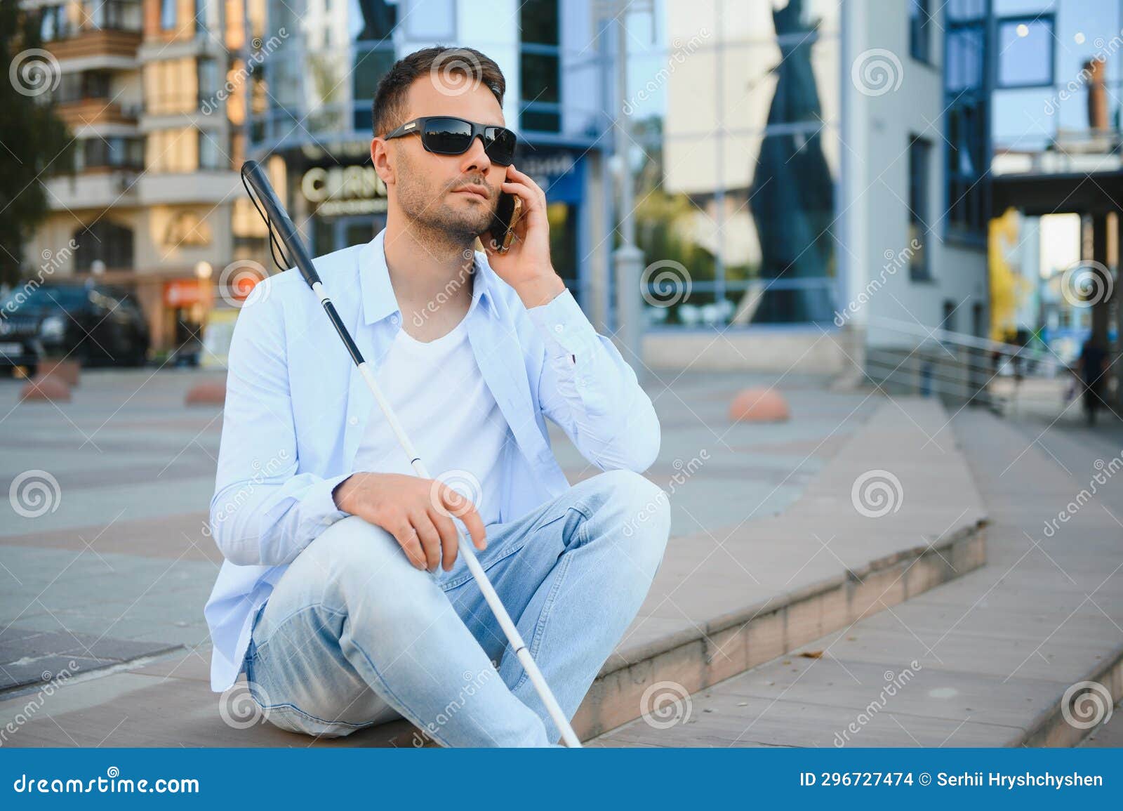 Young Blind Man with Smartphone in City, Calling Stock Photo - Image of ...