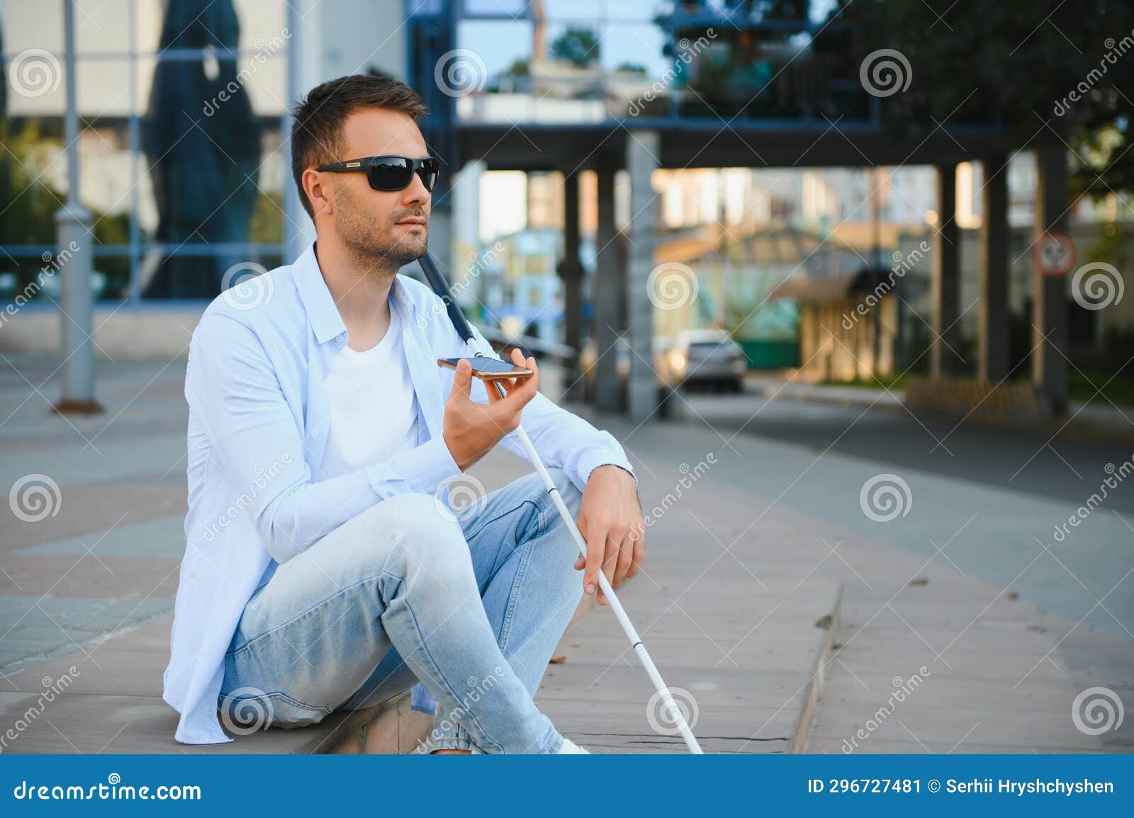 Young Blind Man with Smartphone in City, Calling Stock Image - Image of ...