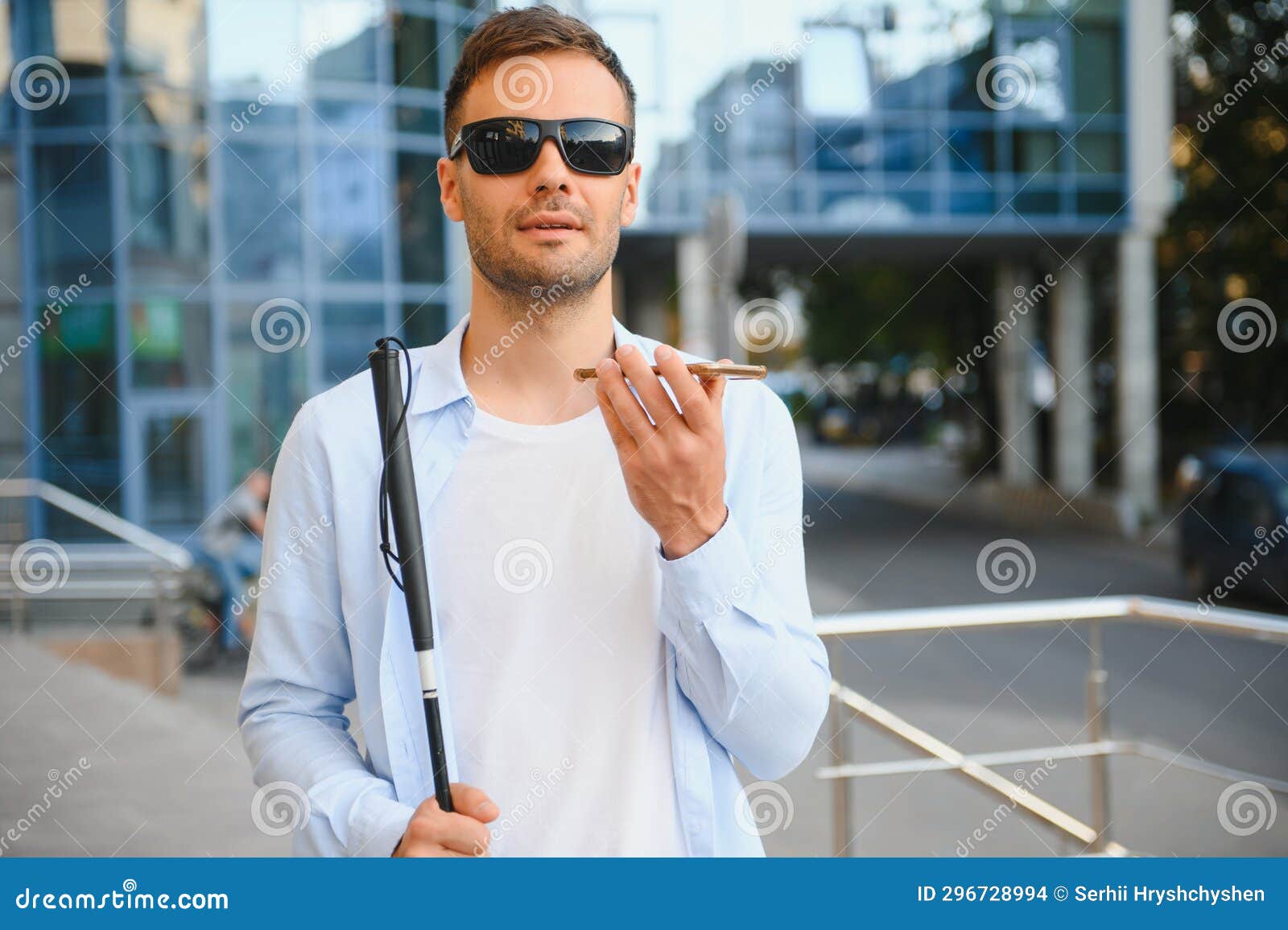 Young Blind Man with Smartphone in City, Calling Stock Photo - Image of ...