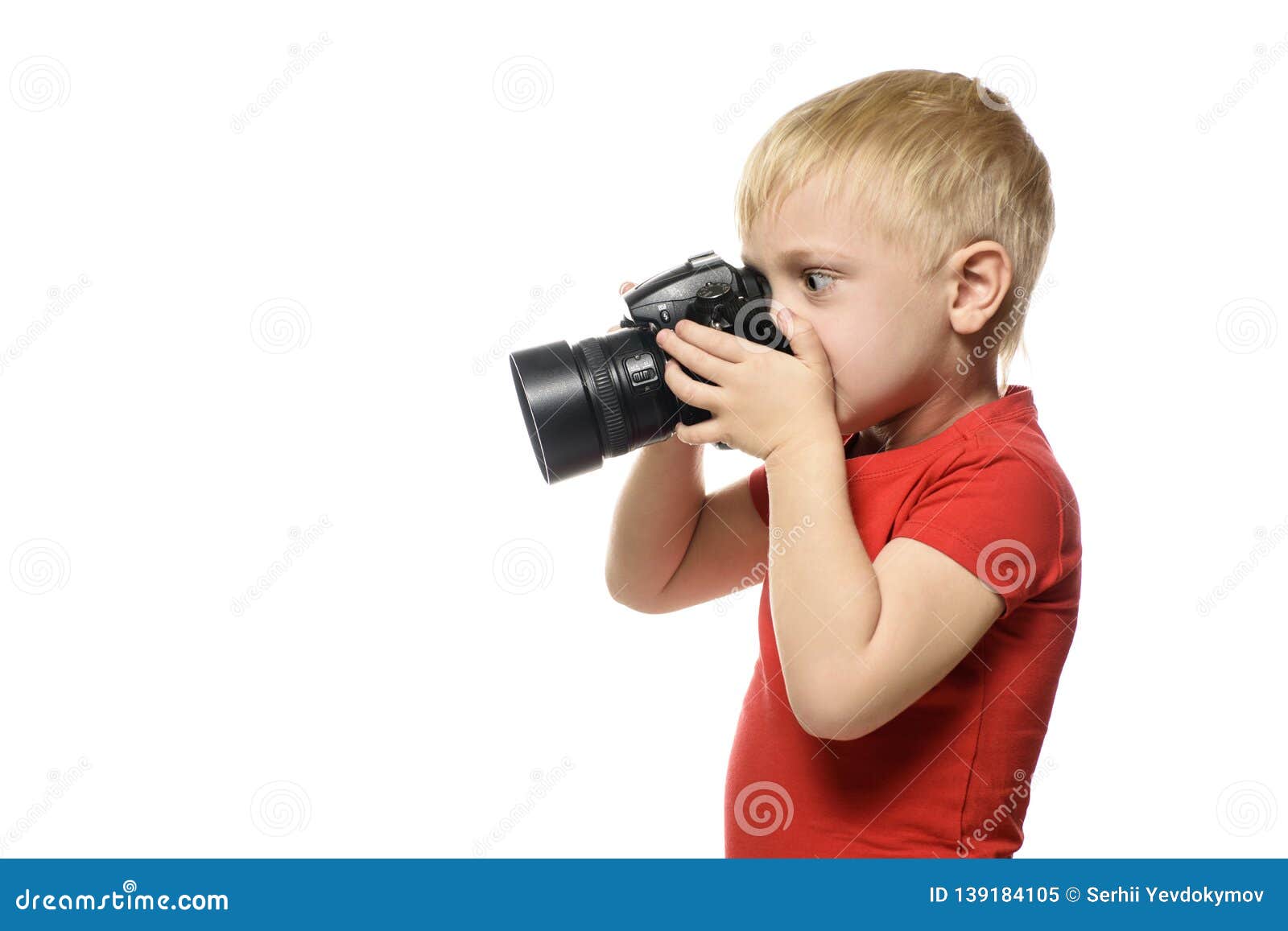Young Blond Boy with Camera. Portrait, Isolated on White Background ...