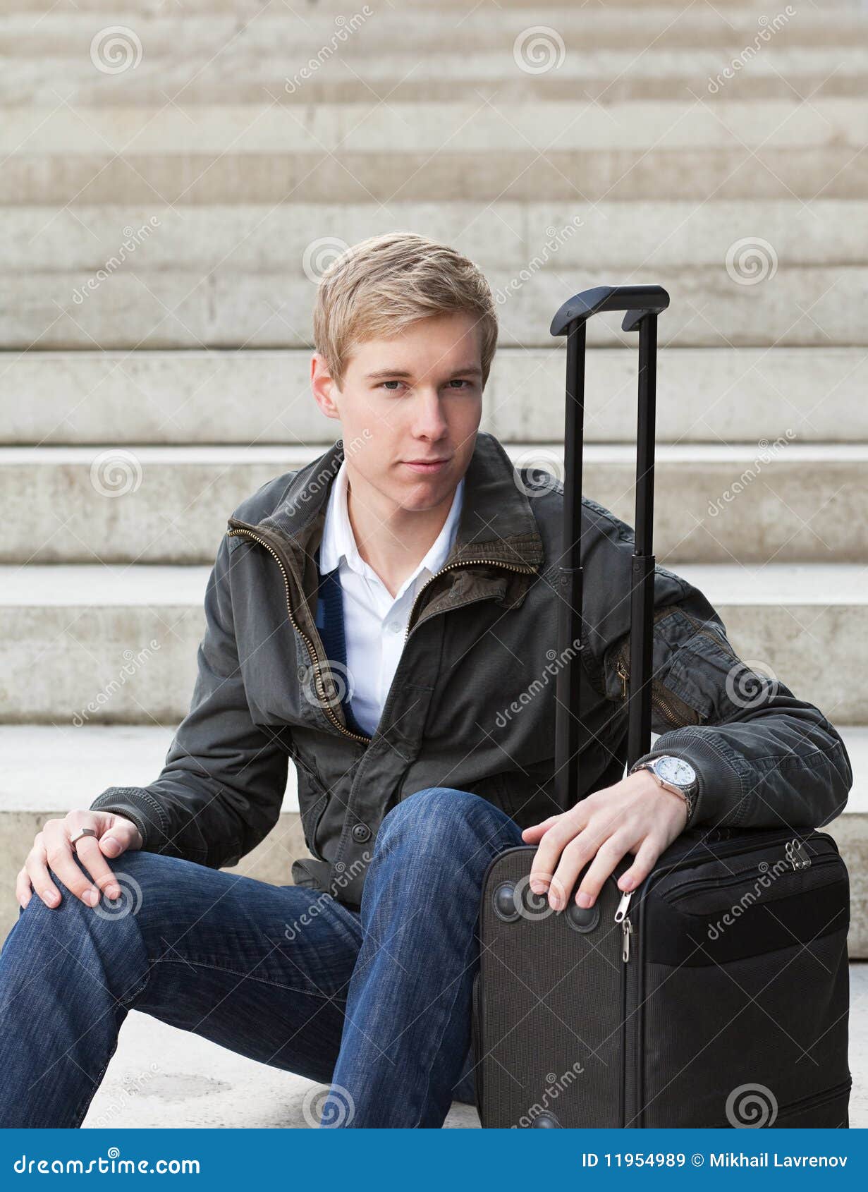 Young Blond Man with Suitcase Stock Image - Image of gaze, stare: 11954989