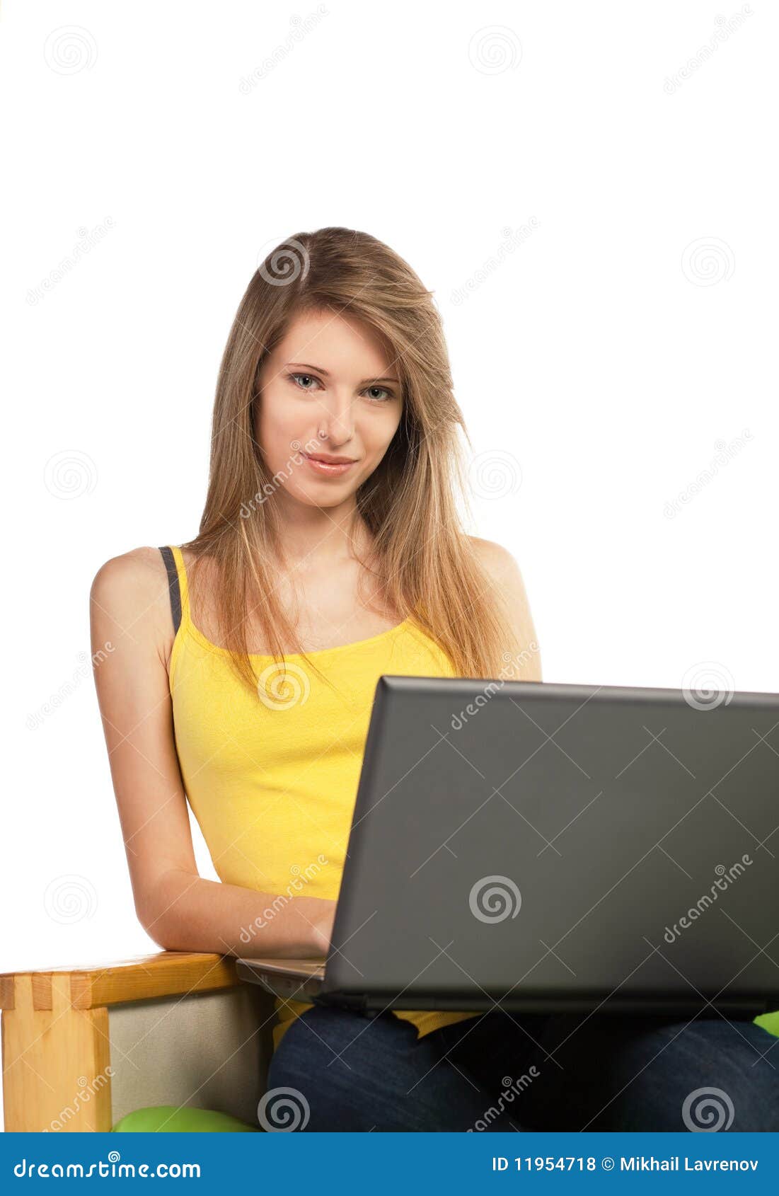 Young Blond Woman with Computer Stock Photo - Image of beautiful, sofa ...