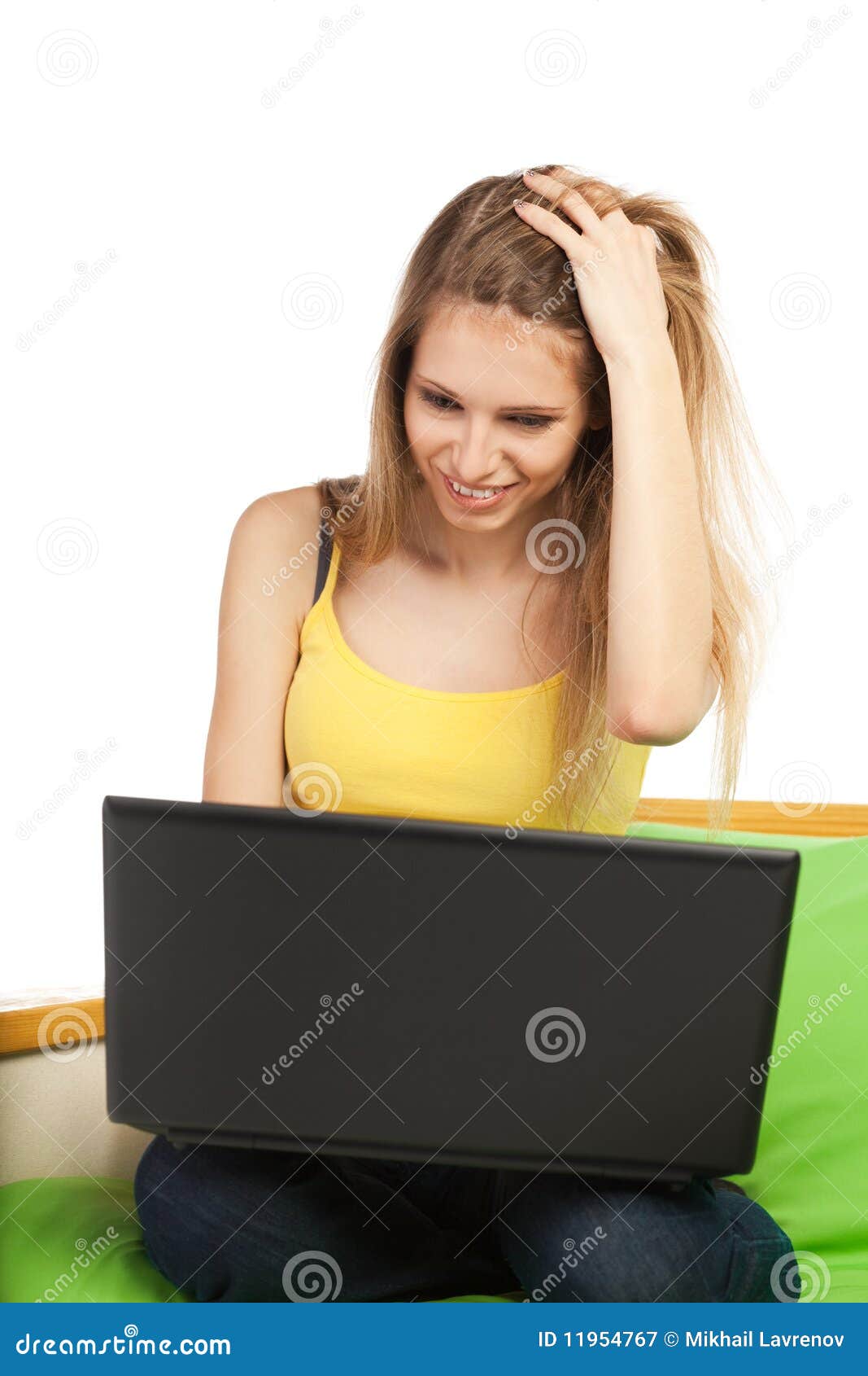 Young Blond Woman with Computer Stock Image - Image of sitting, typing ...
