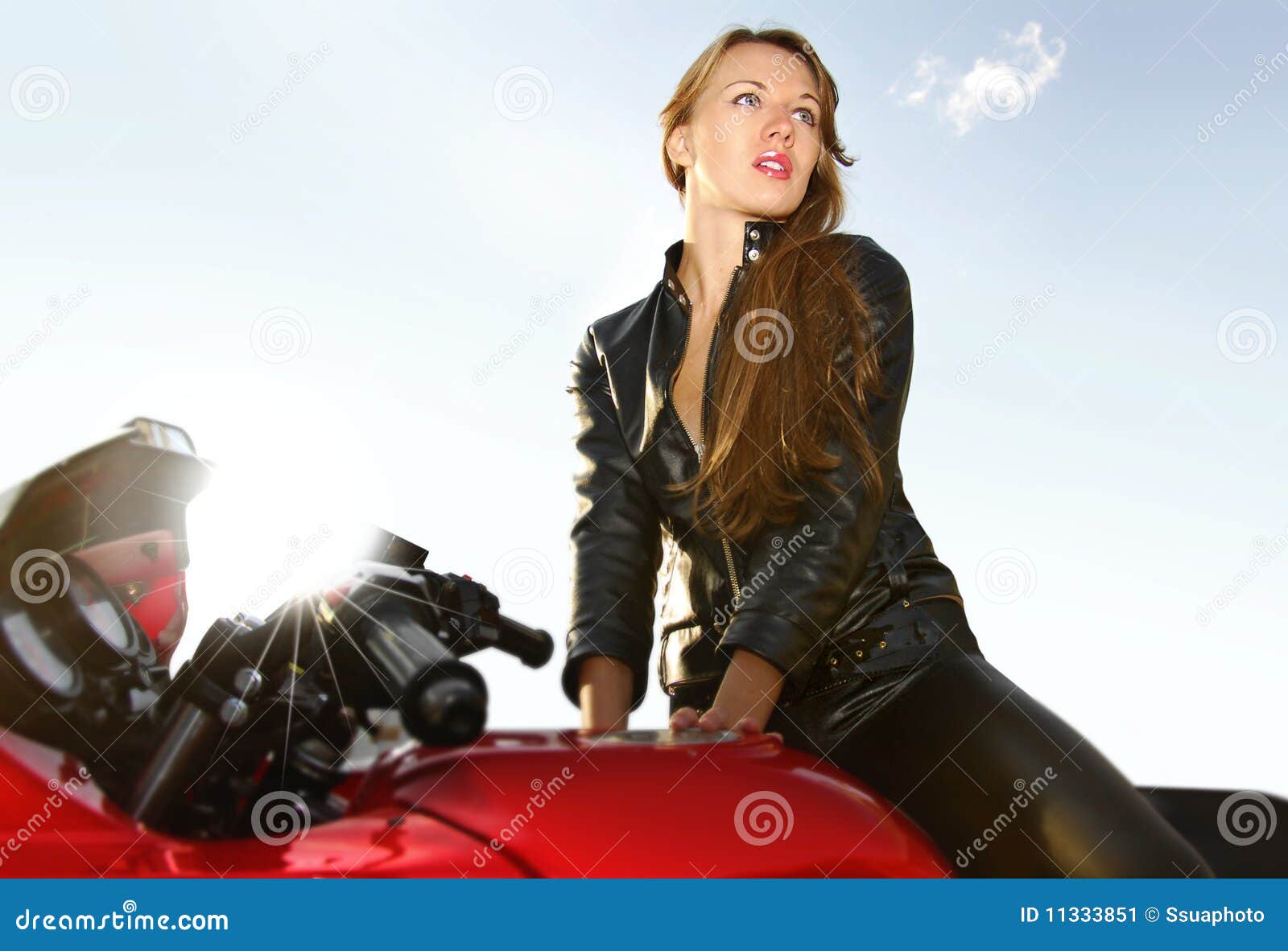Young Blonde on a Big Red Motorcycle Stock Image - Image of powerful ...