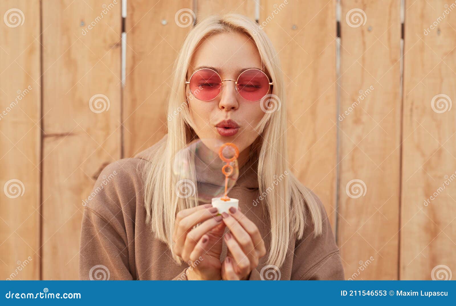 Trendy Woman In Sunglasses Blowing Soap Bubbles Stock Image Image Of
