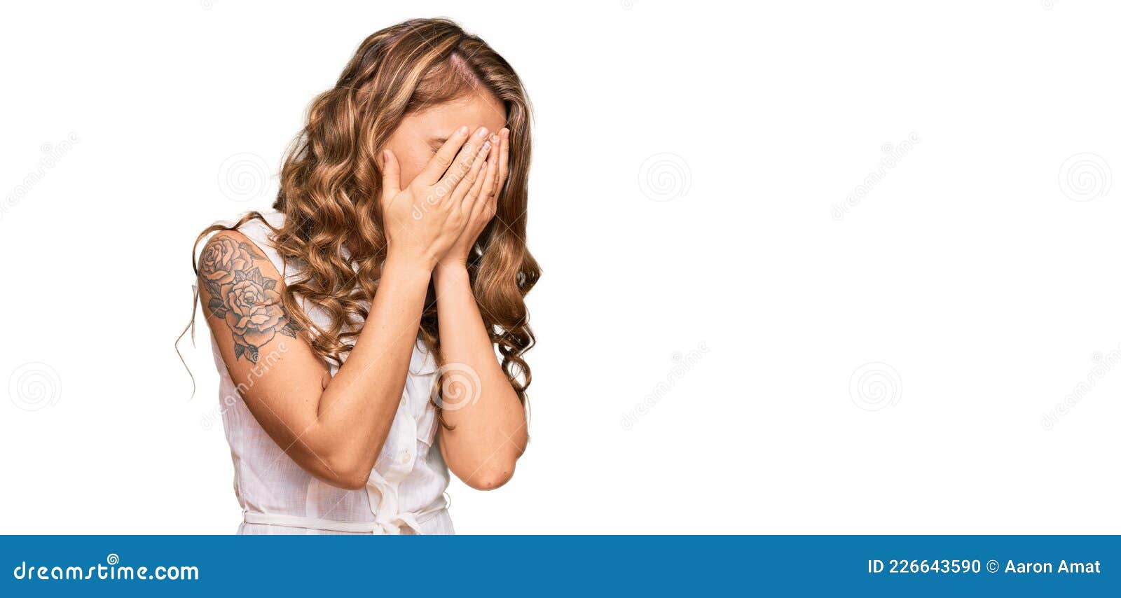 Young Blonde Girl Wearing Casual Clothes With Sad Expression Covering