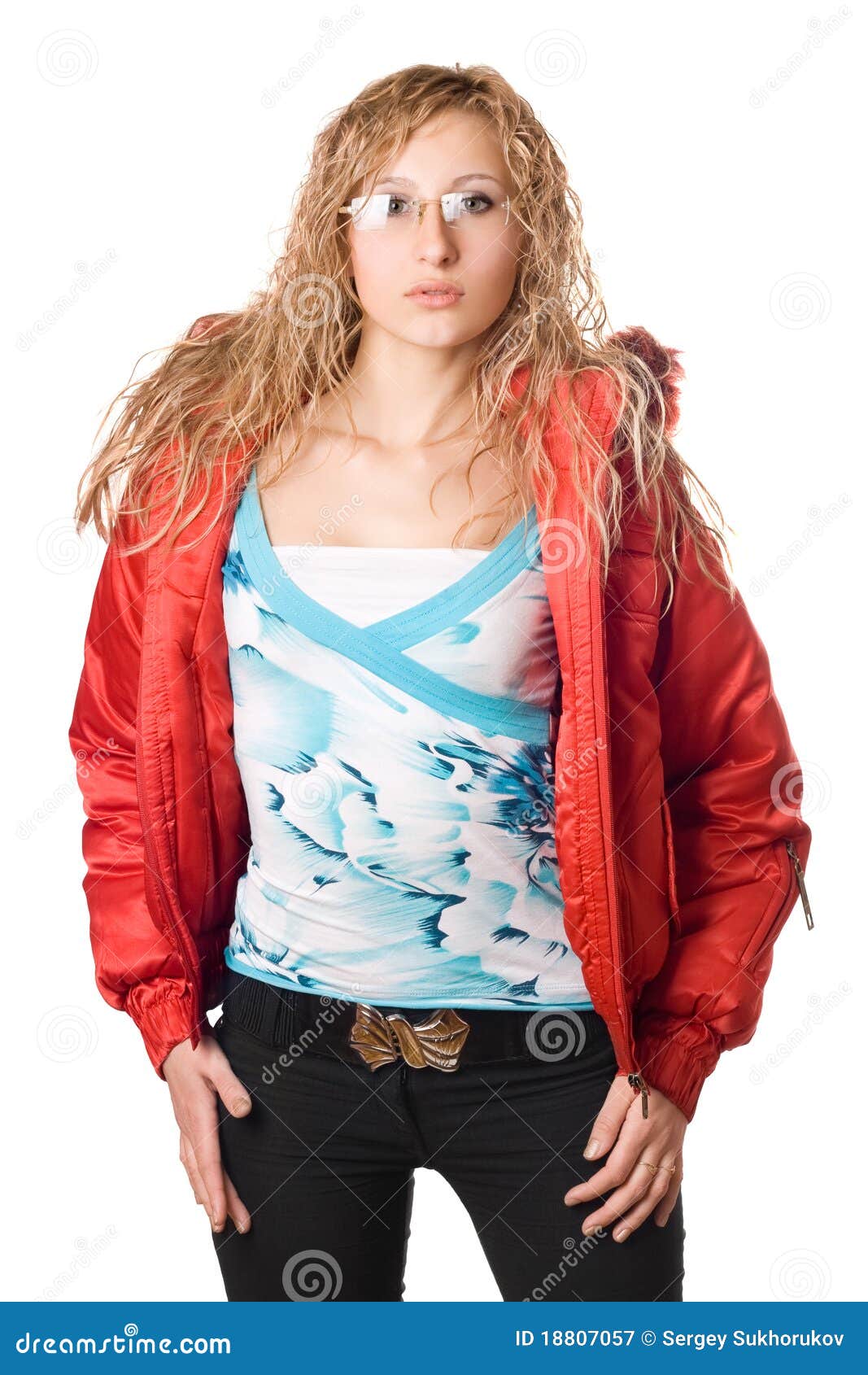 Young Blonde Wearing Red Jacket Stock Image - Image of jeans, girl ...