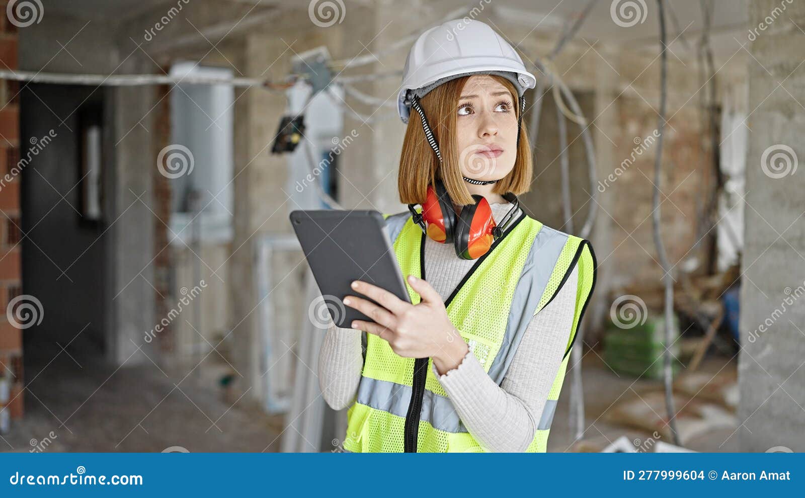 Young Blonde Woman Architect Using Touchpad with Serious Expression at ...