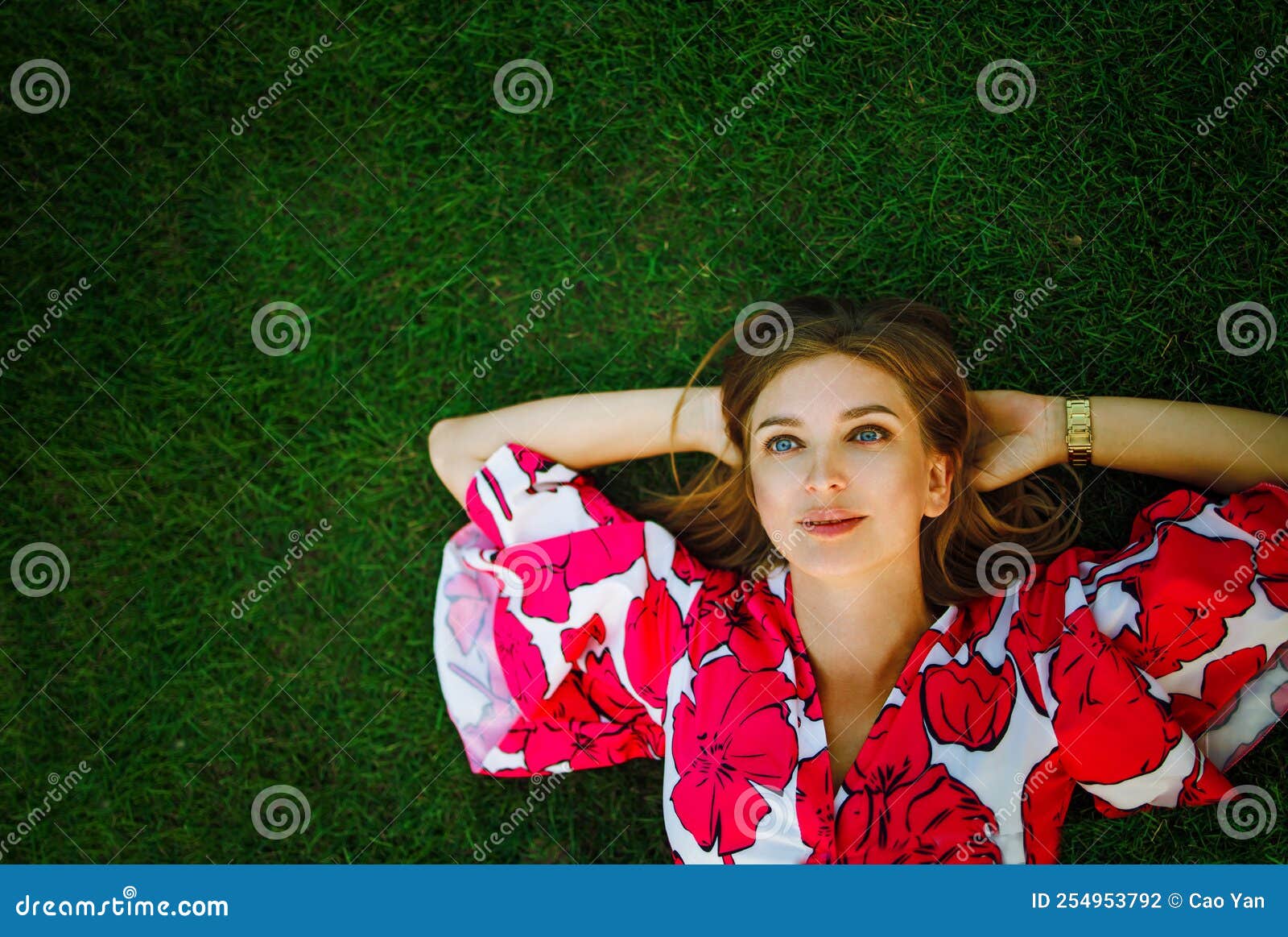 Young Blonde Woman Lies On The Grass Fresh Natural Summer Concept