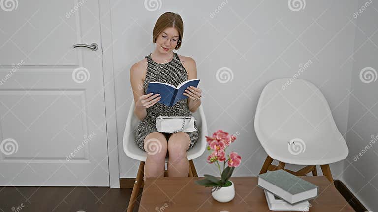 Young Blonde Woman Sitting On Chair Reading Book At Waiting Room Stock