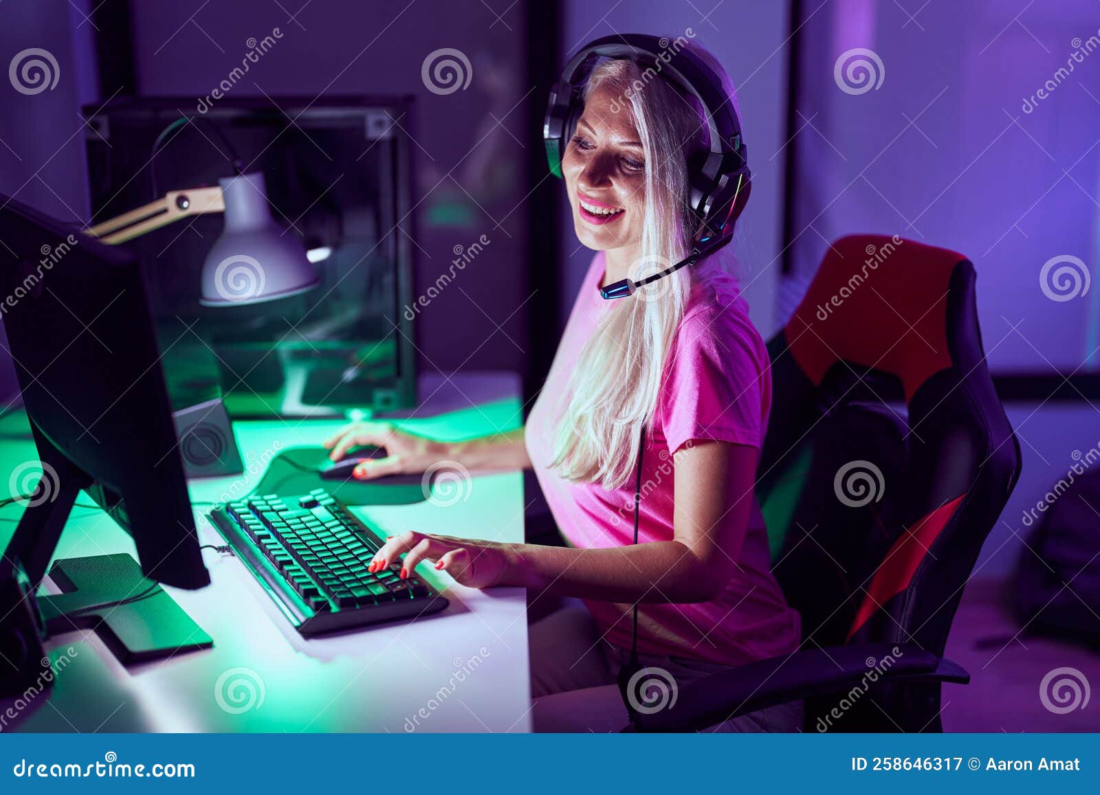 Young Blonde Woman Streamer Smiling Confident Using Computer at Gaming ...