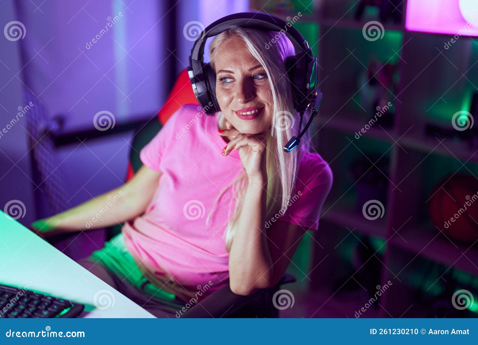 Young Blonde Woman Streamer Smiling Confident Using Computer at Gaming ...