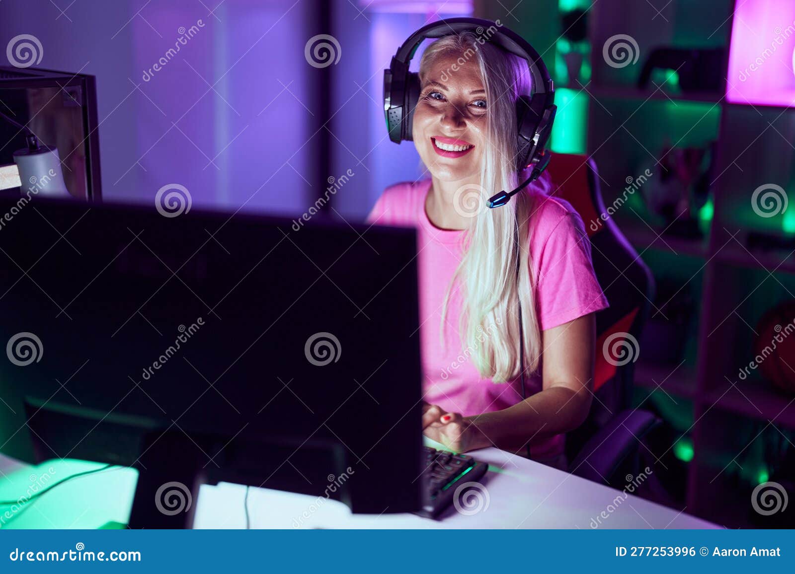 Young Blonde Woman Streamer Smiling Confident Using Computer at Gaming ...