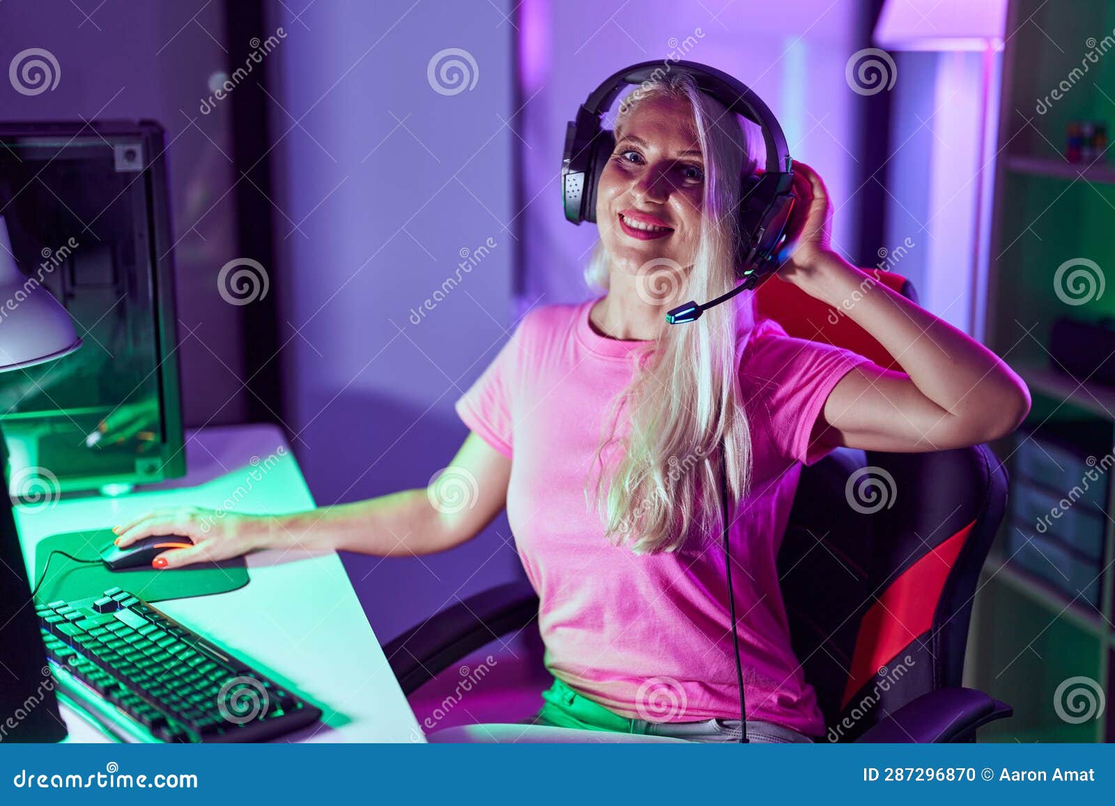 Young Blonde Woman Streamer Smiling Confident Using Computer at Gaming ...