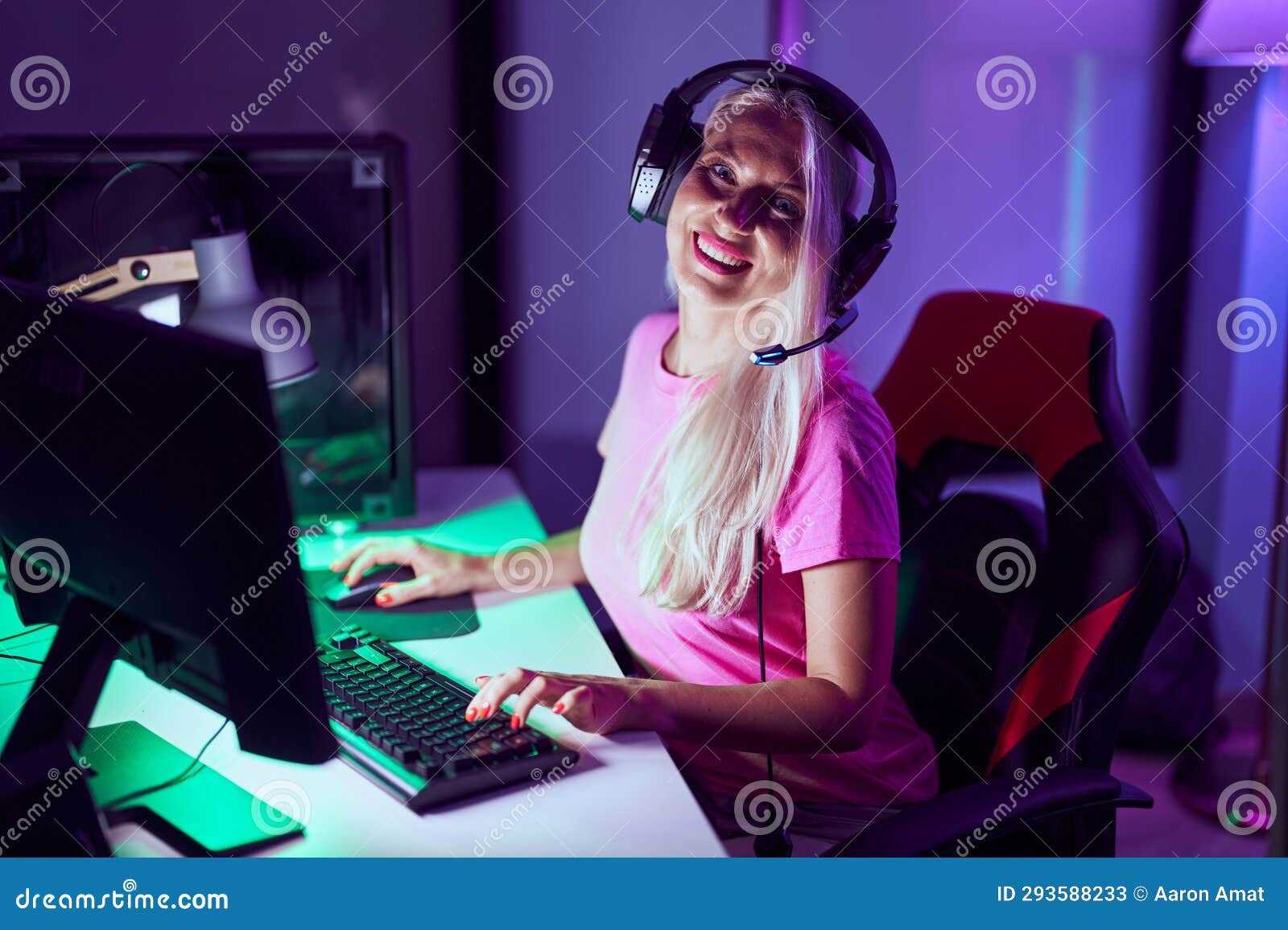 Young Blonde Woman Streamer Smiling Confident Using Computer at Gaming ...