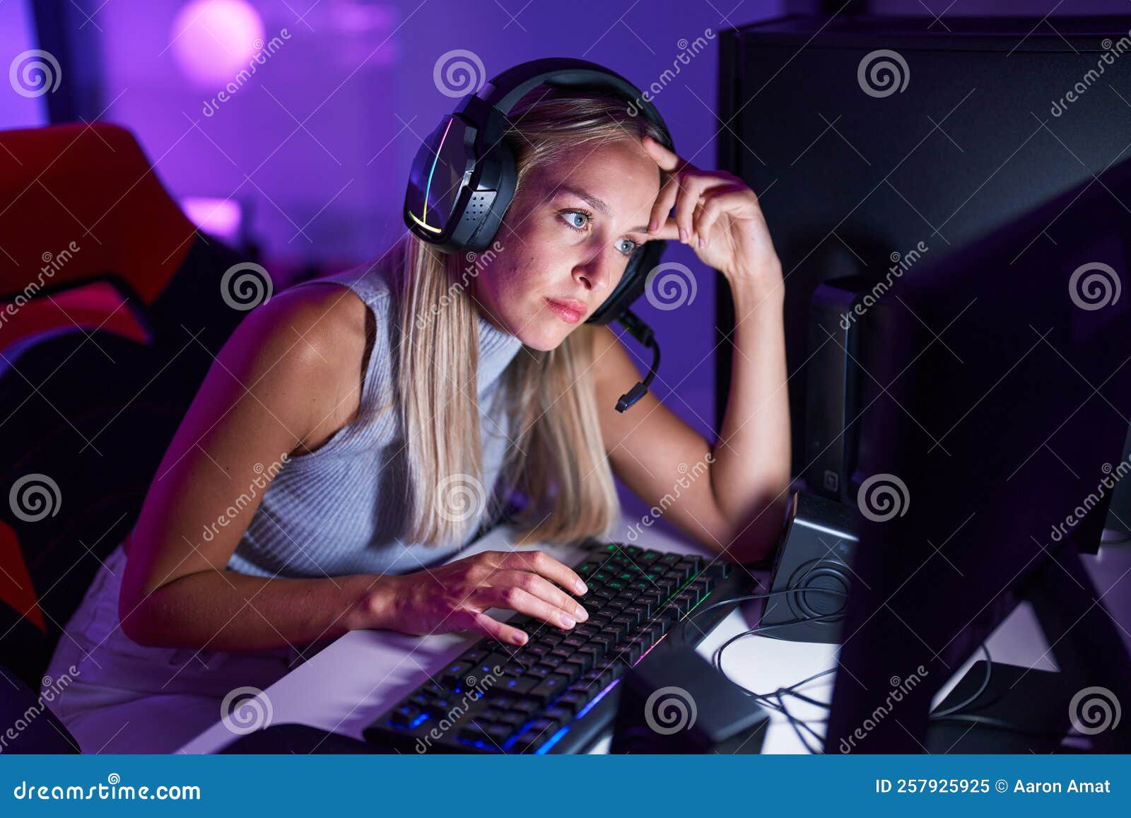 Young Blonde Woman Streamer Stressed Using Computer at Gaming Room ...