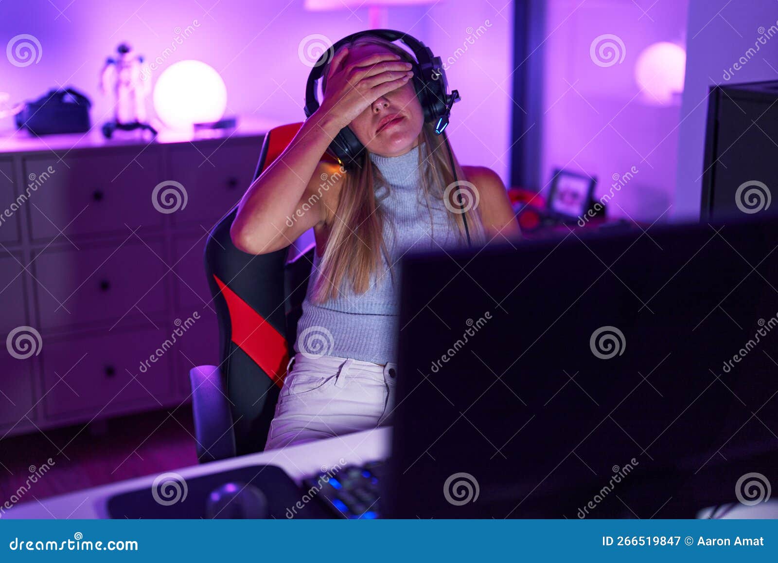 Young Blonde Woman Streamer Stressed Using Computer at Gaming Room ...