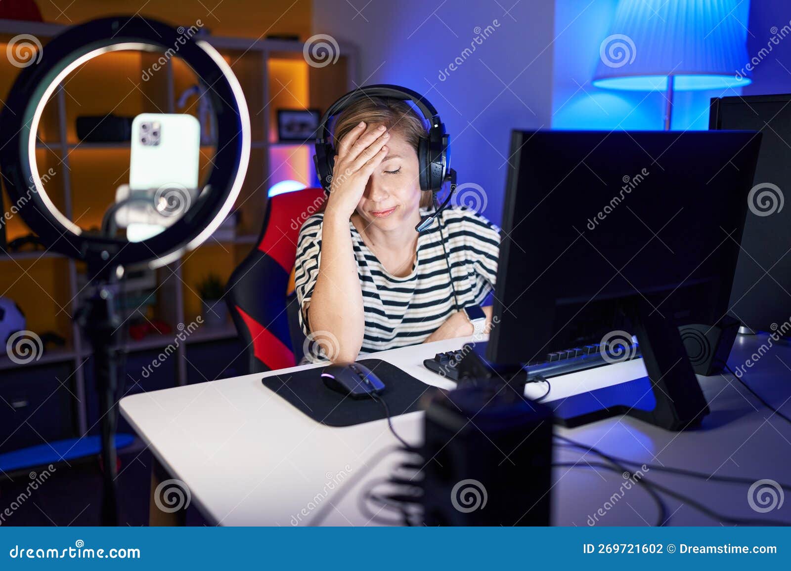 Young Blonde Woman Streamer Stressed Using Computer at Gaming Room ...