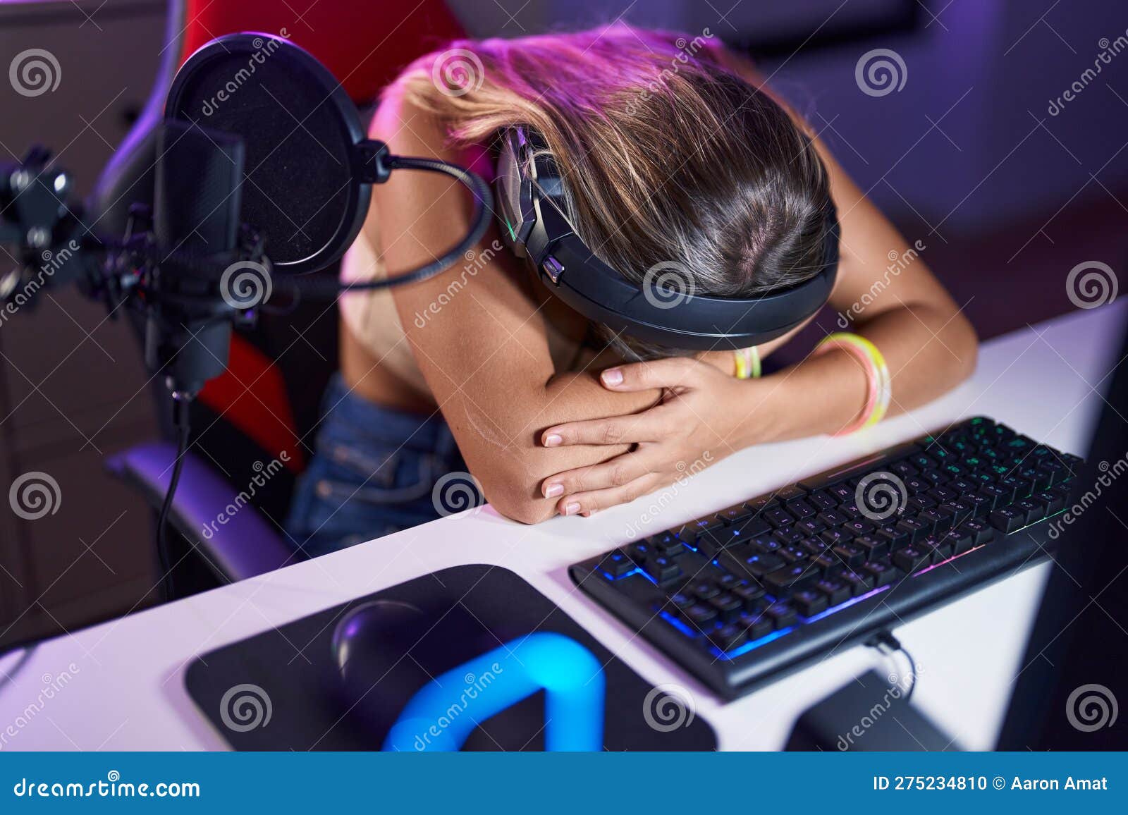 Young Blonde Woman Streamer Stressed Using Computer at Gaming Room ...