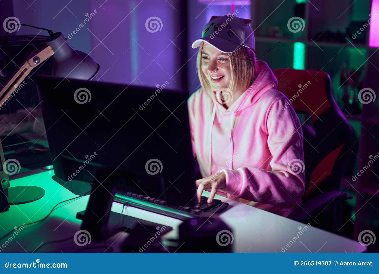 Young Blonde Woman Streamer Using Computer at Gaming Room Stock Image ...