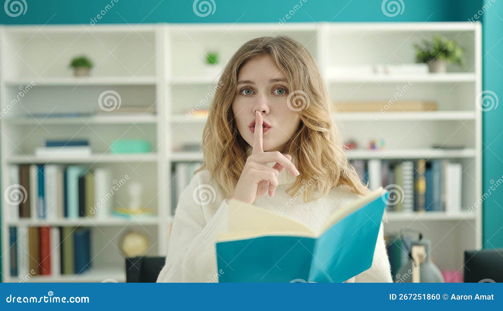 Young Blonde Woman Student Reading Book Doing Silence Gesture at ...
