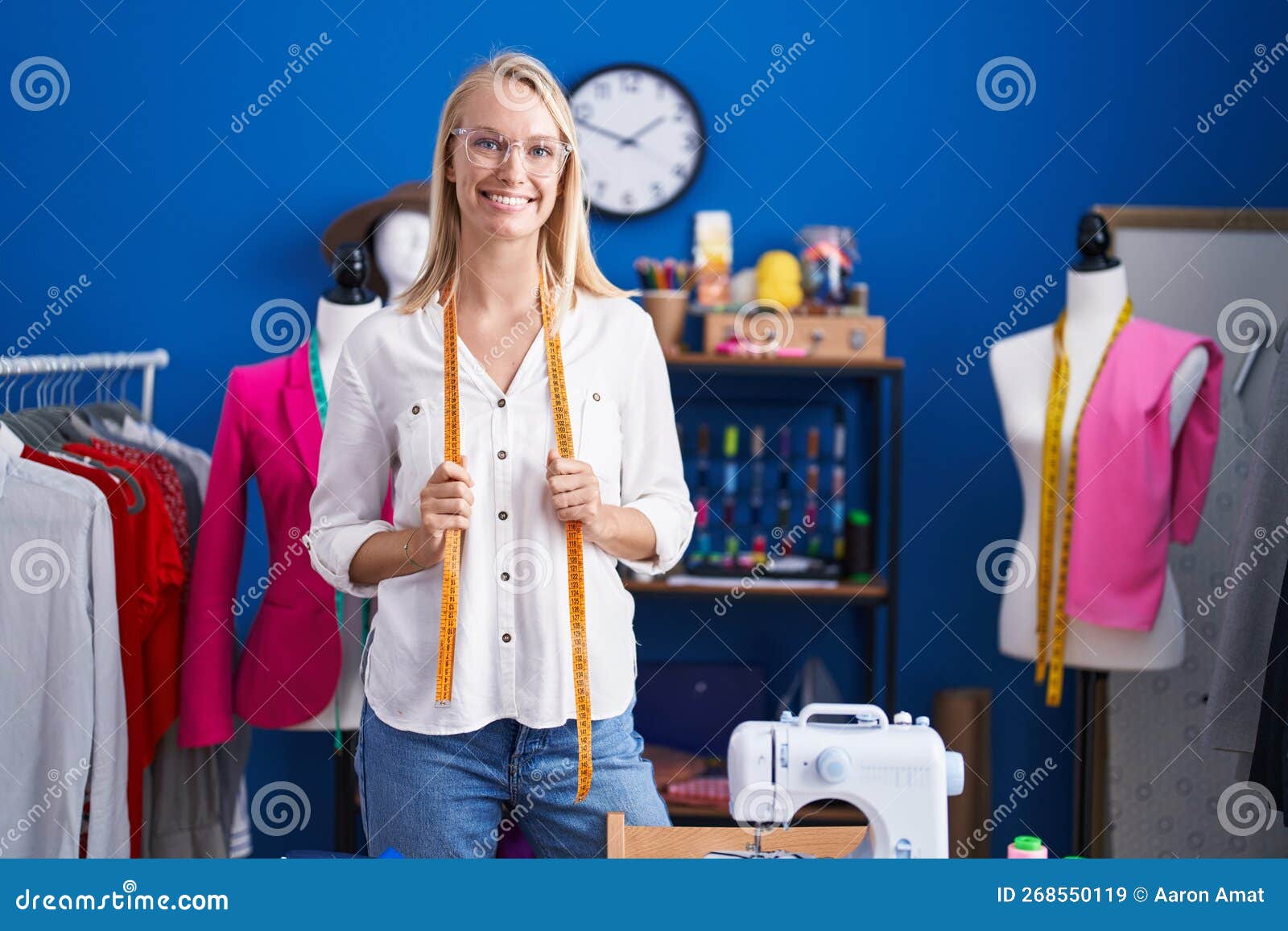 Young Blonde Woman Tailor Smiling Confident Standing at Sewing Studio ...