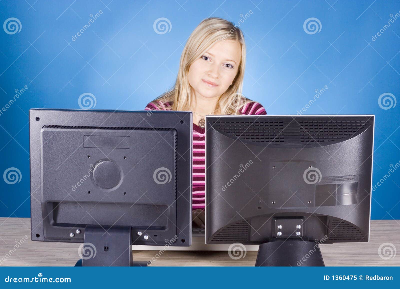 Young Blonde Woman at the Two Computer S Screens Stock Image - Image of ...