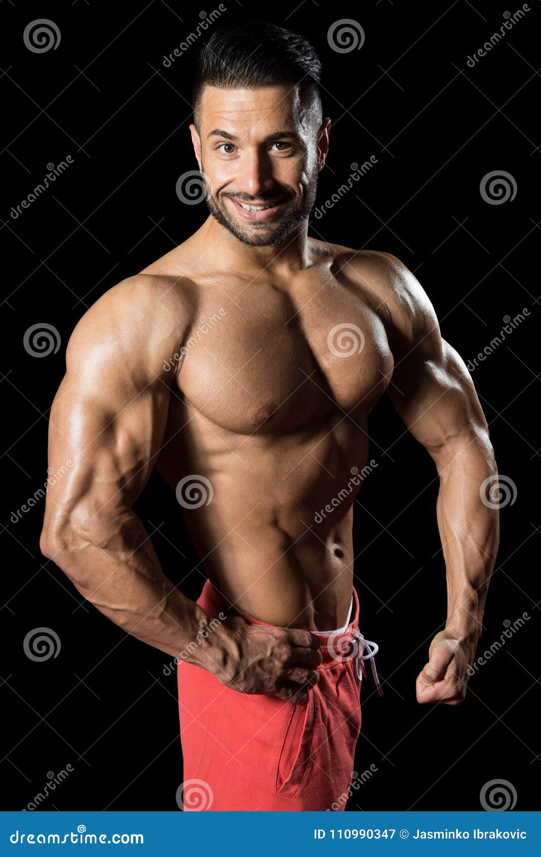 Muscular Men Flexing Muscles on Black Background Stock Image - Image of ...