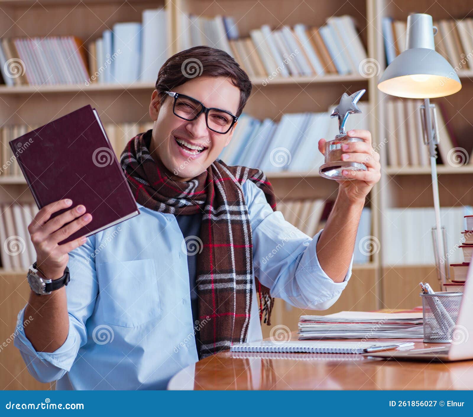 Young Book Writer Writing in Library Stock Image - Image of glasses ...