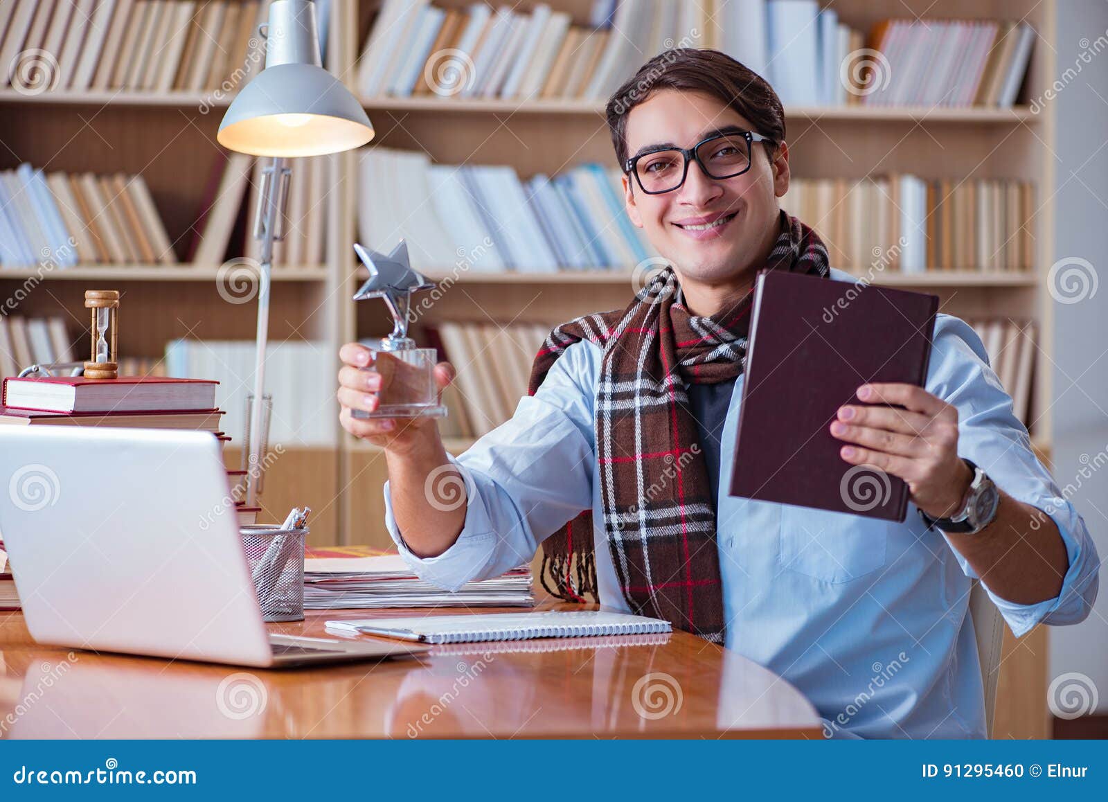 The Young Book Writer Writing in Library Stock Photo - Image of glasses ...