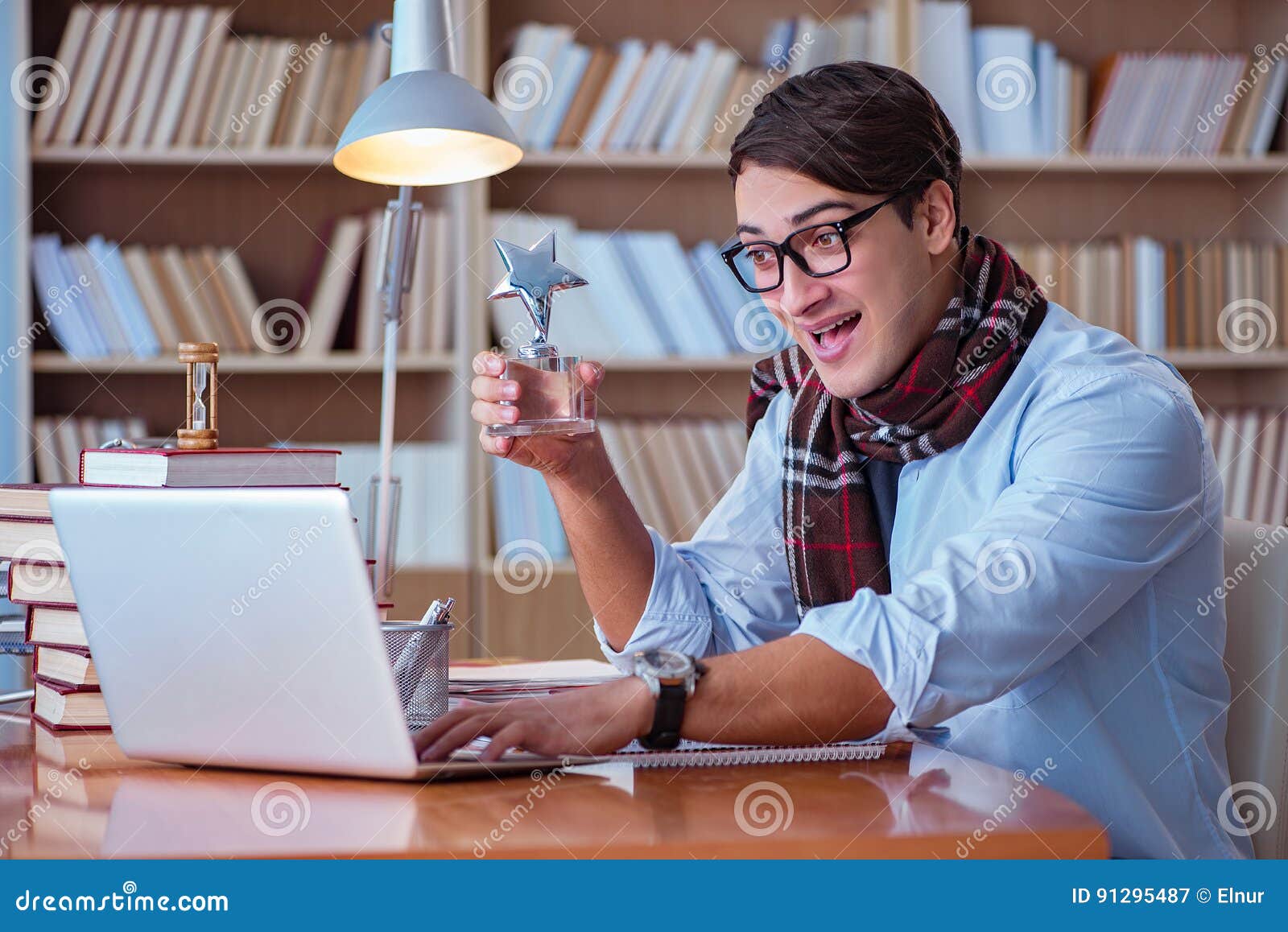 The Young Book Writer Writing in Library Stock Image - Image of laptop ...