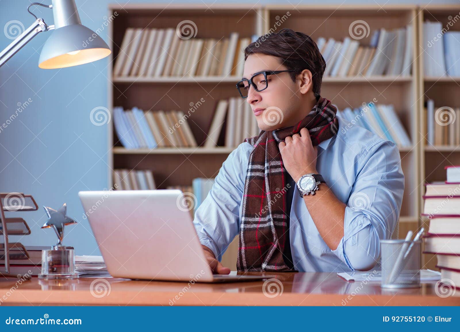 The Young Book Writer Writing in Library Stock Photo - Image of glasses ...