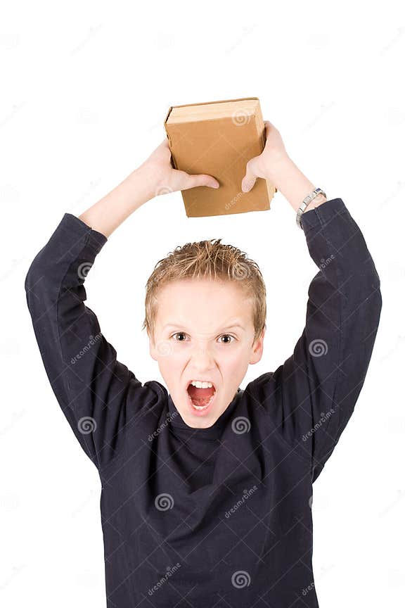 Young Boy Angry with a Book Stock Image - Image of standing, holding ...
