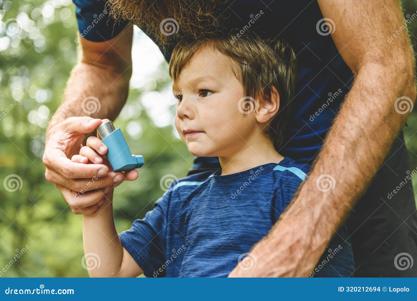 Young Boy with Asthma Pump in the Forest Stock Photo - Image of ...