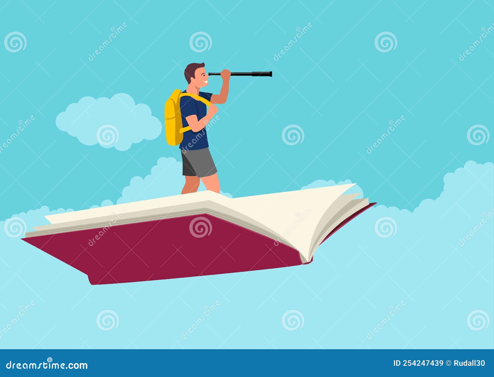 Young Boy with Backpack Using Telescope on Flying Book Stock Vector ...