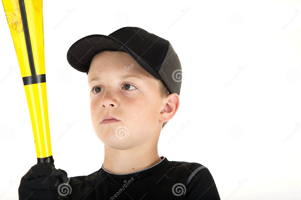 Young Boy Baseball Player Looking at His Bat Stock Photo - Image of ...