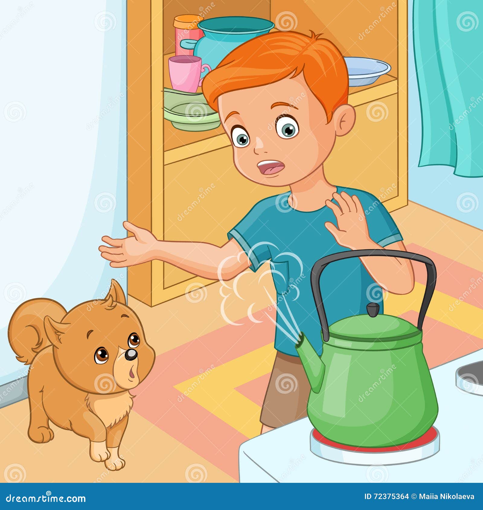 Young Boy Being Wary Of Hot Kettle. Vector Illustration ...