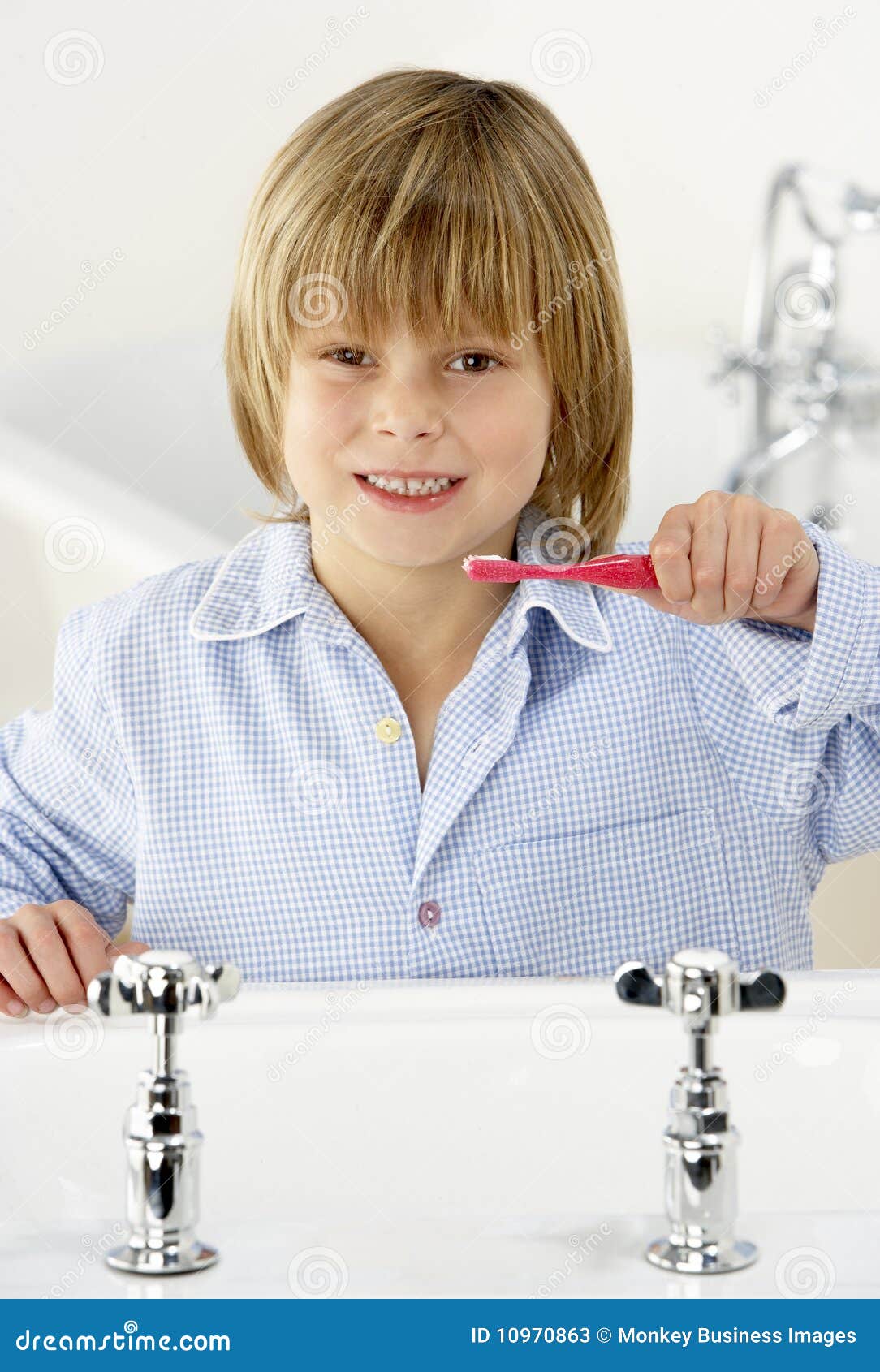 Young Boy Brushing Teeth at Sink Stock Image - Image of portrait ...