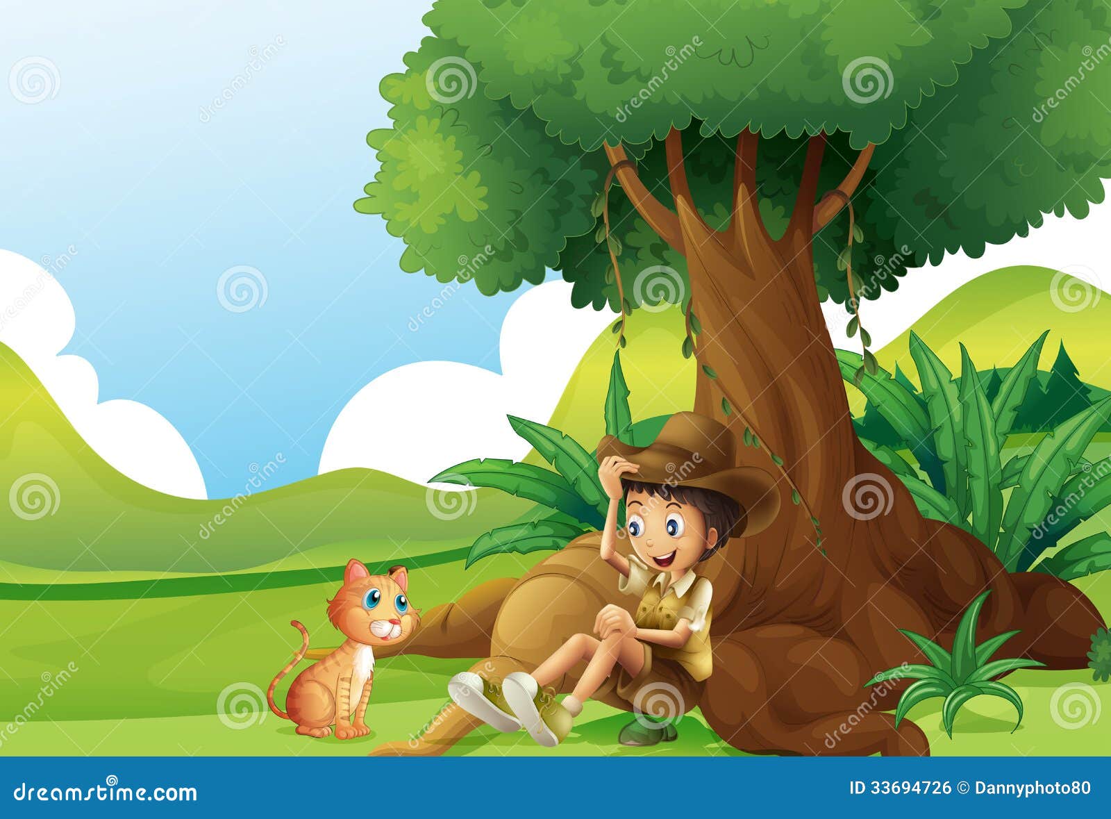 A Young Boy and a Cat Under the Big Tree Stock Illustration ...