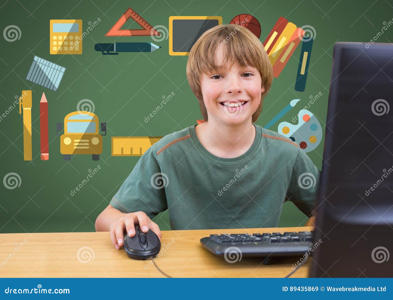 Young Boy on Computer with Education Graphic Drawings Stock Image ...
