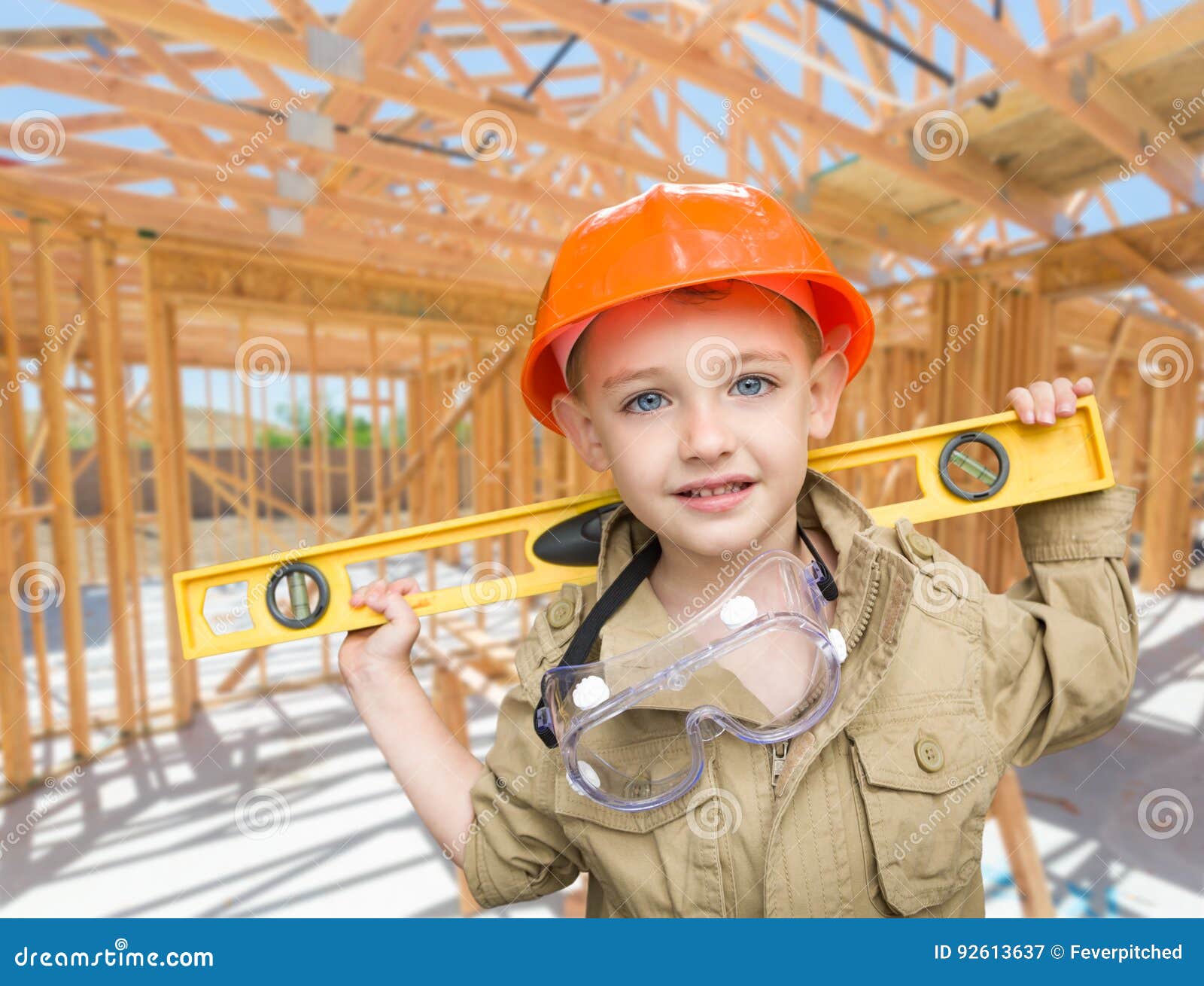 Young Boy Contractor with Level on Site Inside New Home Construction ...