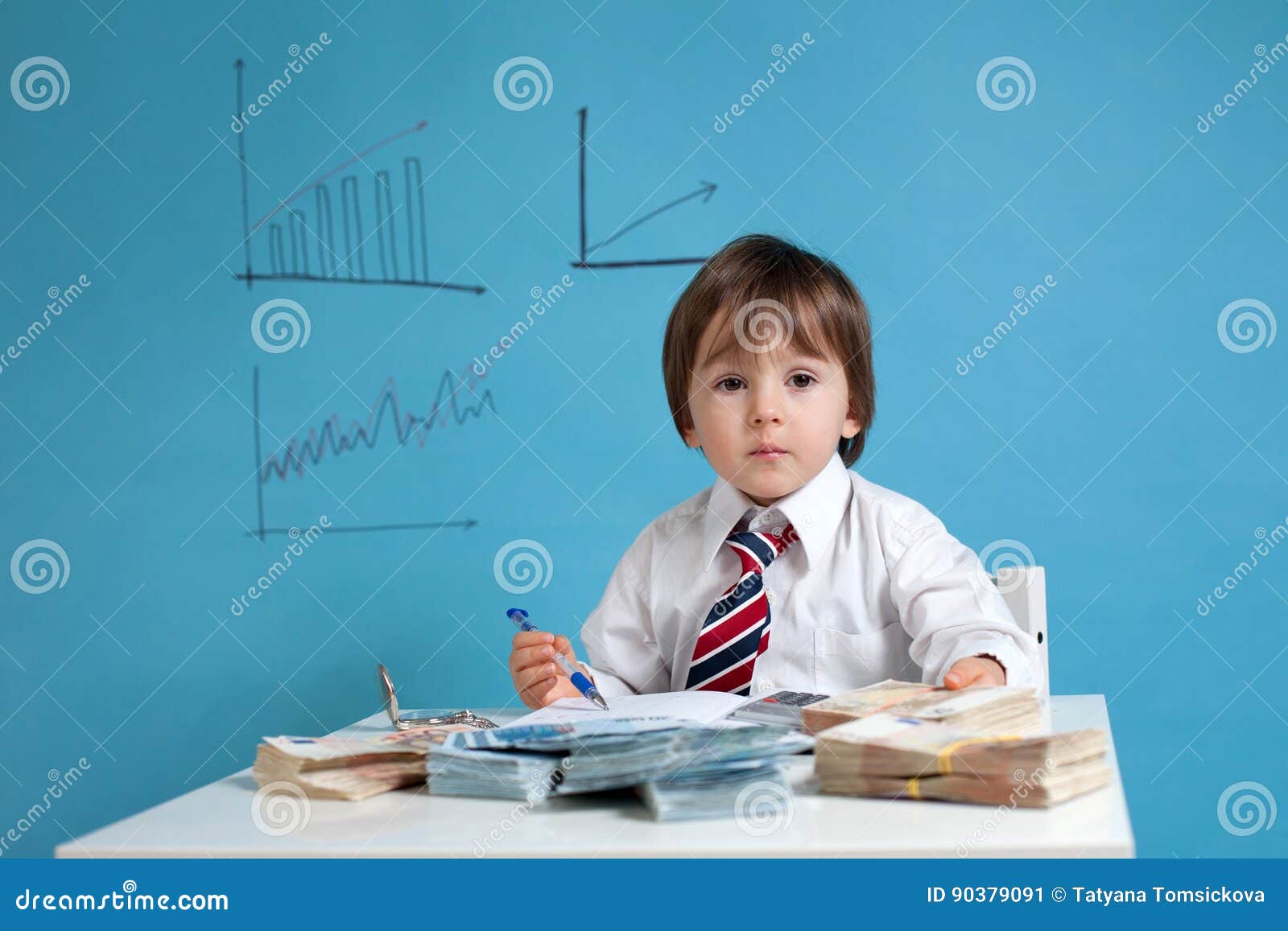 Young Boy, Counting Money and Taking Notes Stock Image - Image of ...