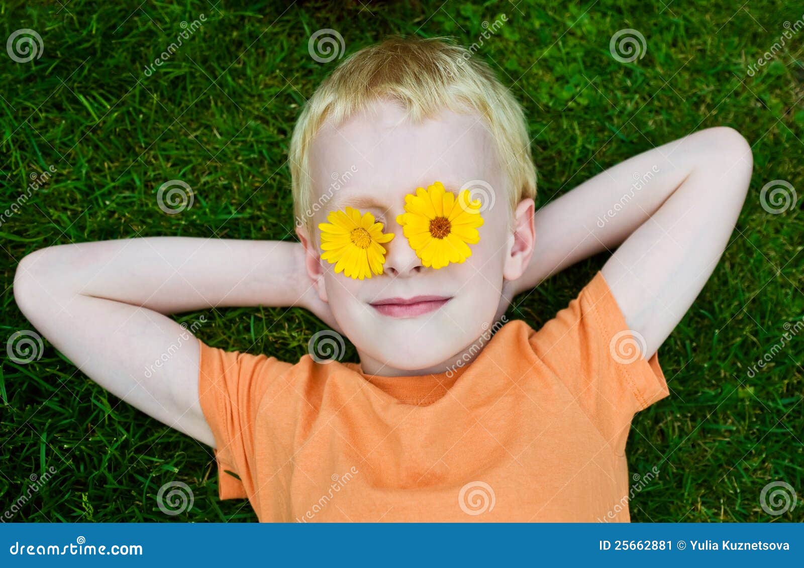 Young Boy with Daisies on Eyes Stock Image - Image of blond, happiness ...