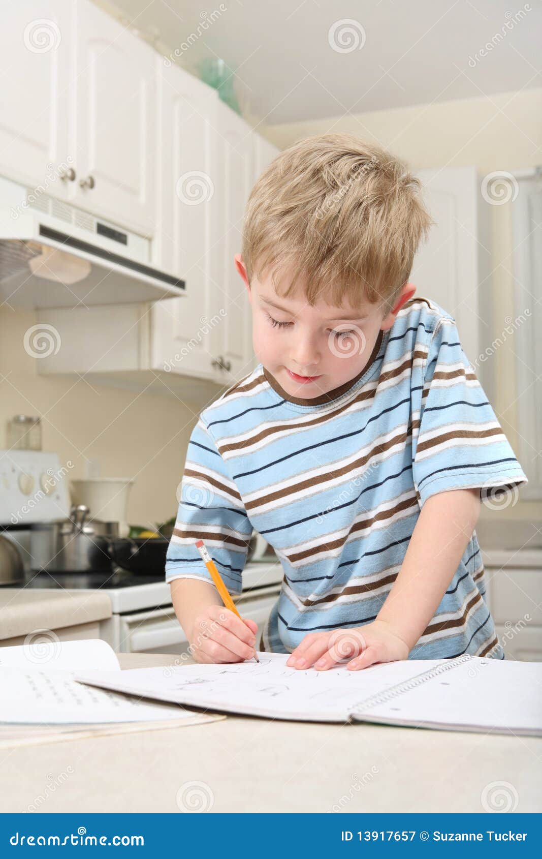 Young Boy Doing Homework in a Kitchen Stock Image - Image of caucasian ...
