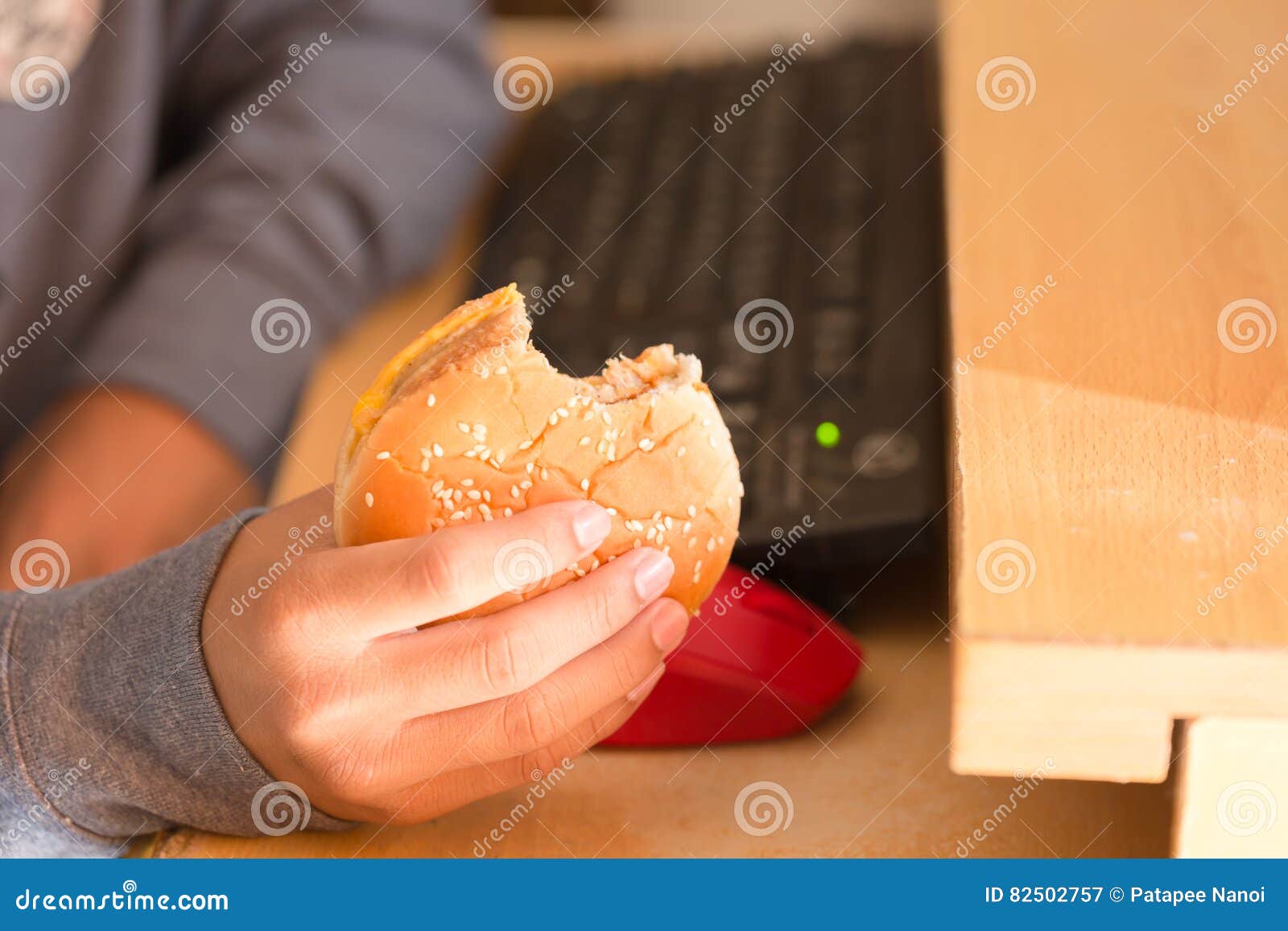 Young Boy Eating Burger and Using Computer Stock Image - Image of ...