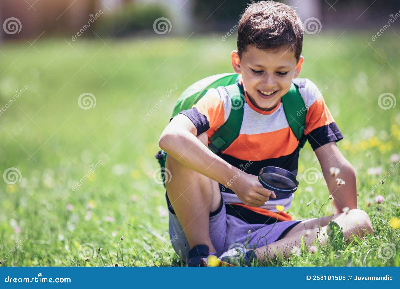 Boy Exploring Nature in a Meadow with a Magnifying Glass Stock Image ...