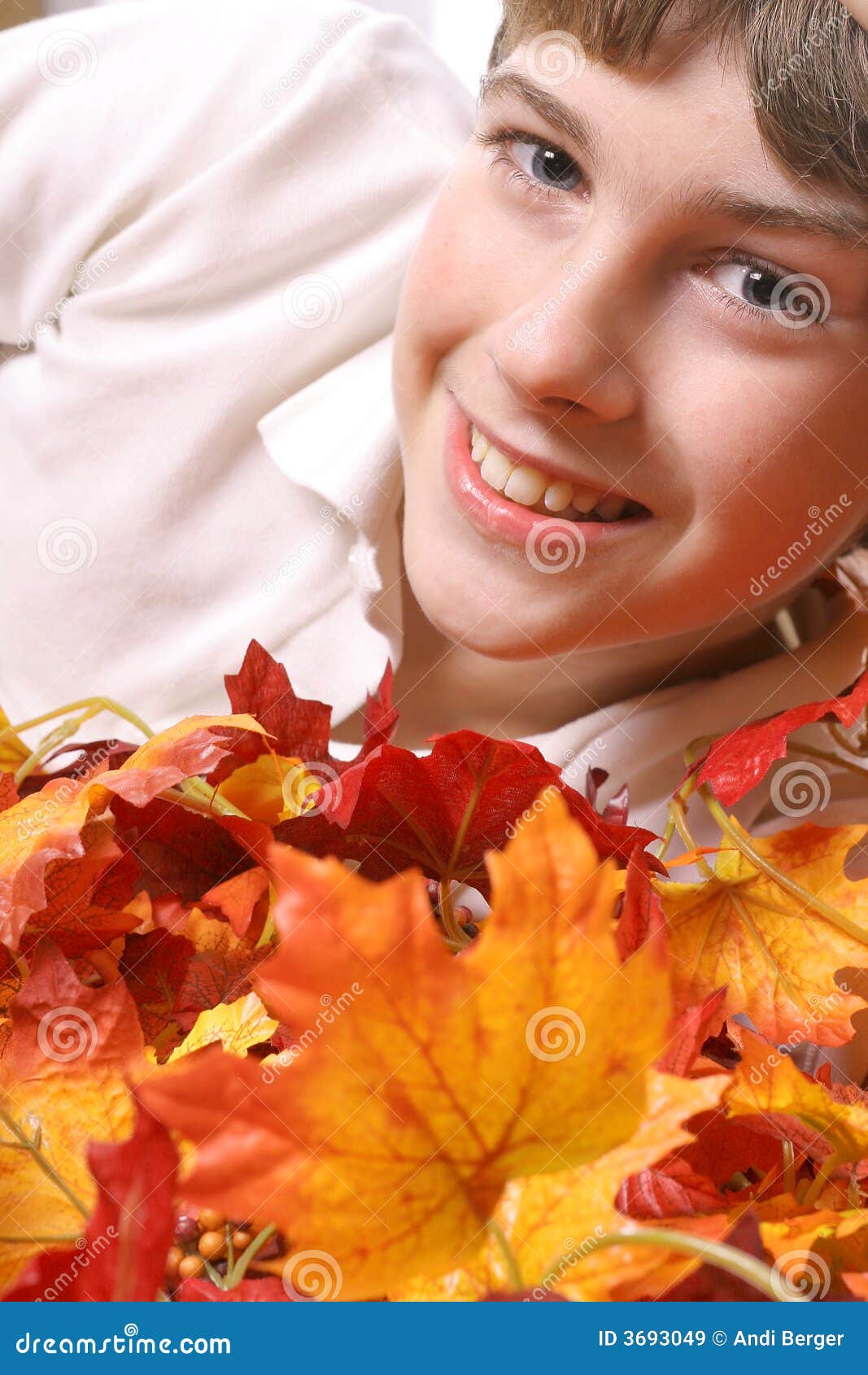 Young Boy In Fall Leaves Vertical Picture. Image: 3693049