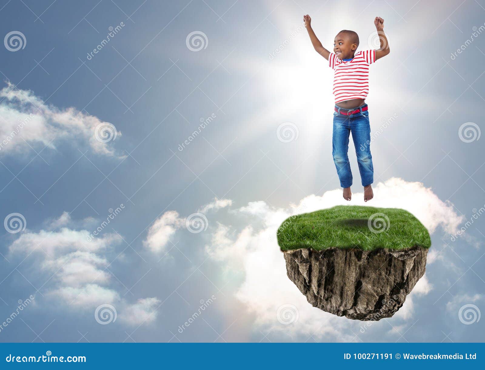 Young Boy on Floating Rock Platform in Sky Jumping Stock Image - Image ...