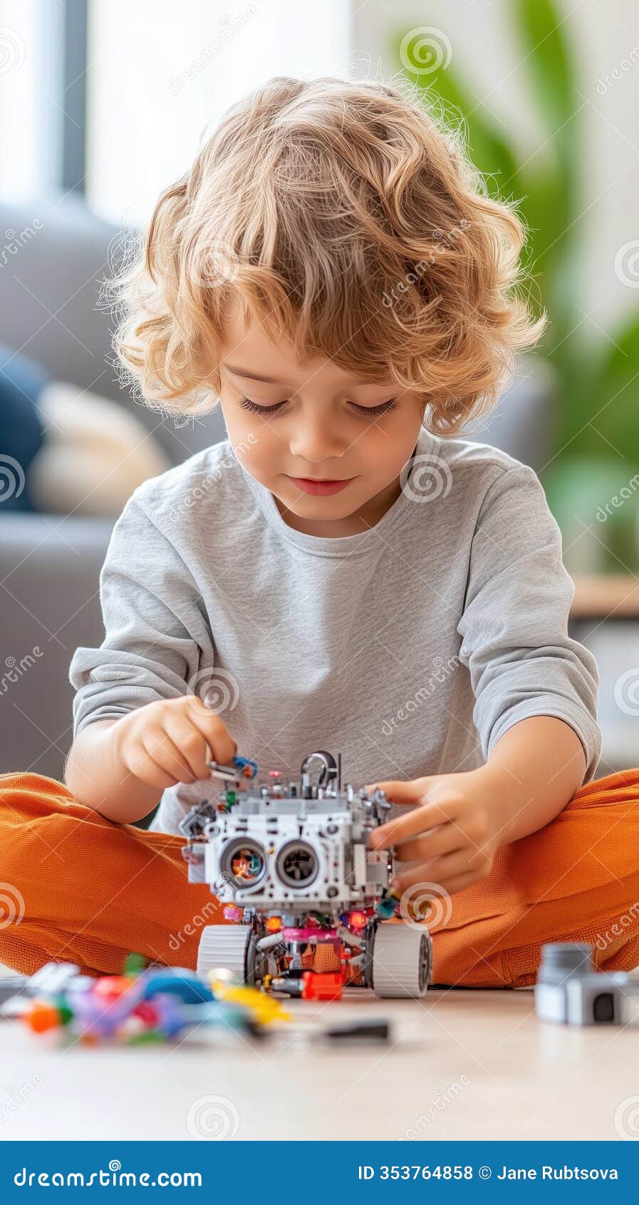 Young Boy Focuses on Assembling a DIY Robot Using Various Small Parts ...
