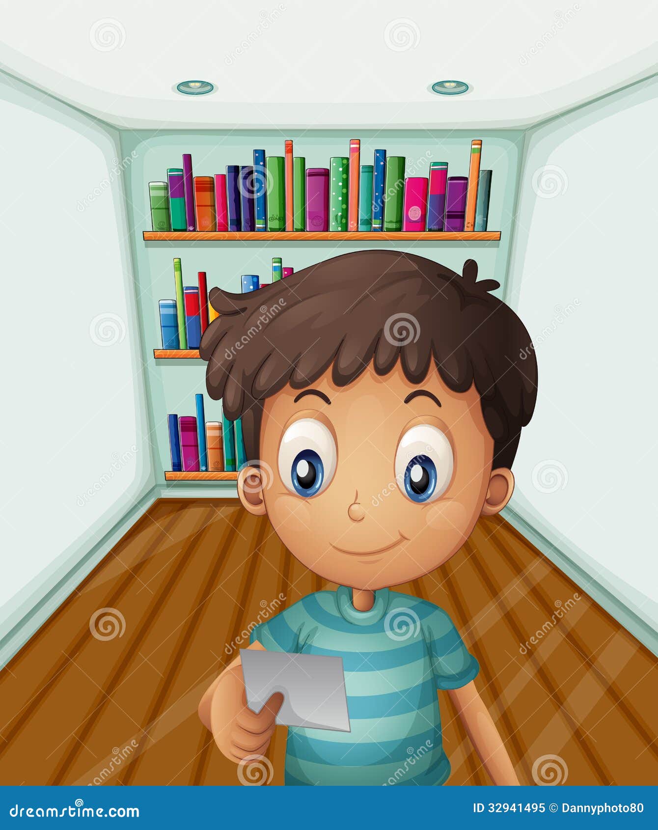 A Young Boy in Front of the Bookshelves Stock Vector - Illustration of ...